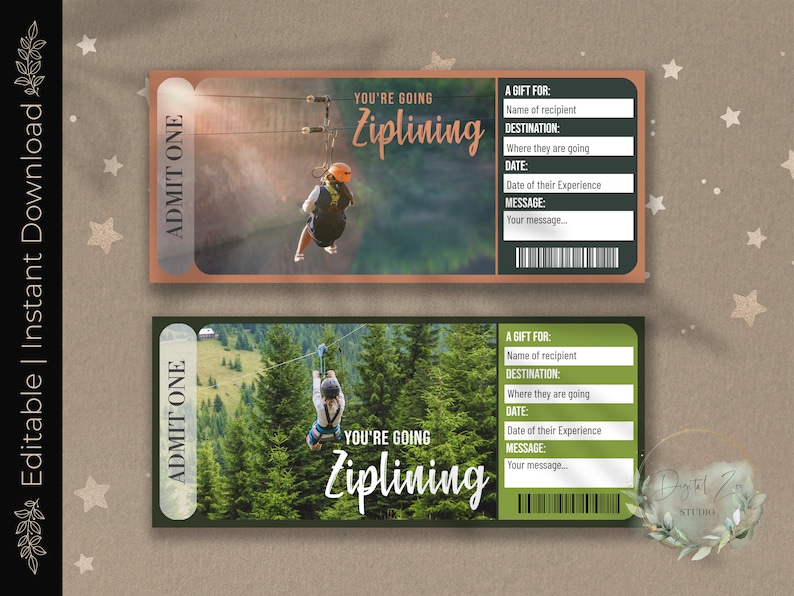 Printable ZIPLINING Surprise Reveal Ticket, Gift Voucher, Editable ...