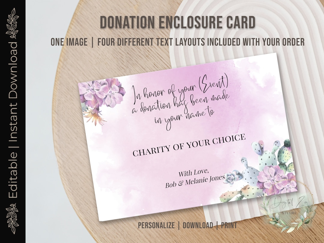 Printable DONATION ENCLOSURE CARD, Editable Donation Card, Donation in ...