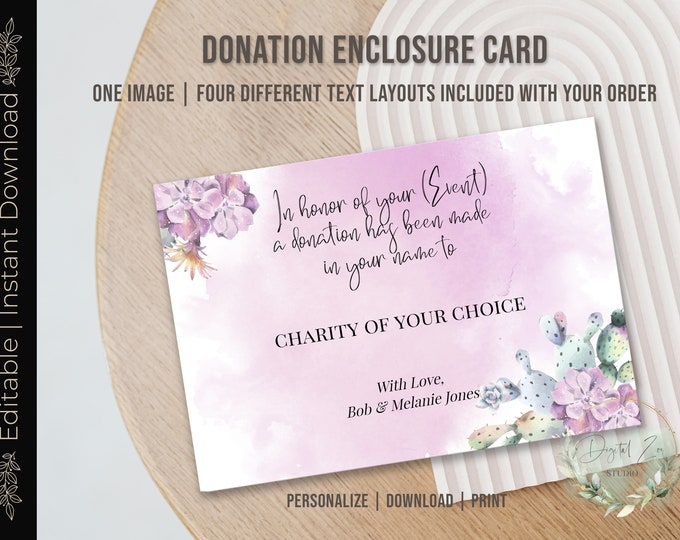 Printable DONATION ENCLOSURE CARD, Editable Donation Card, Donation in ...