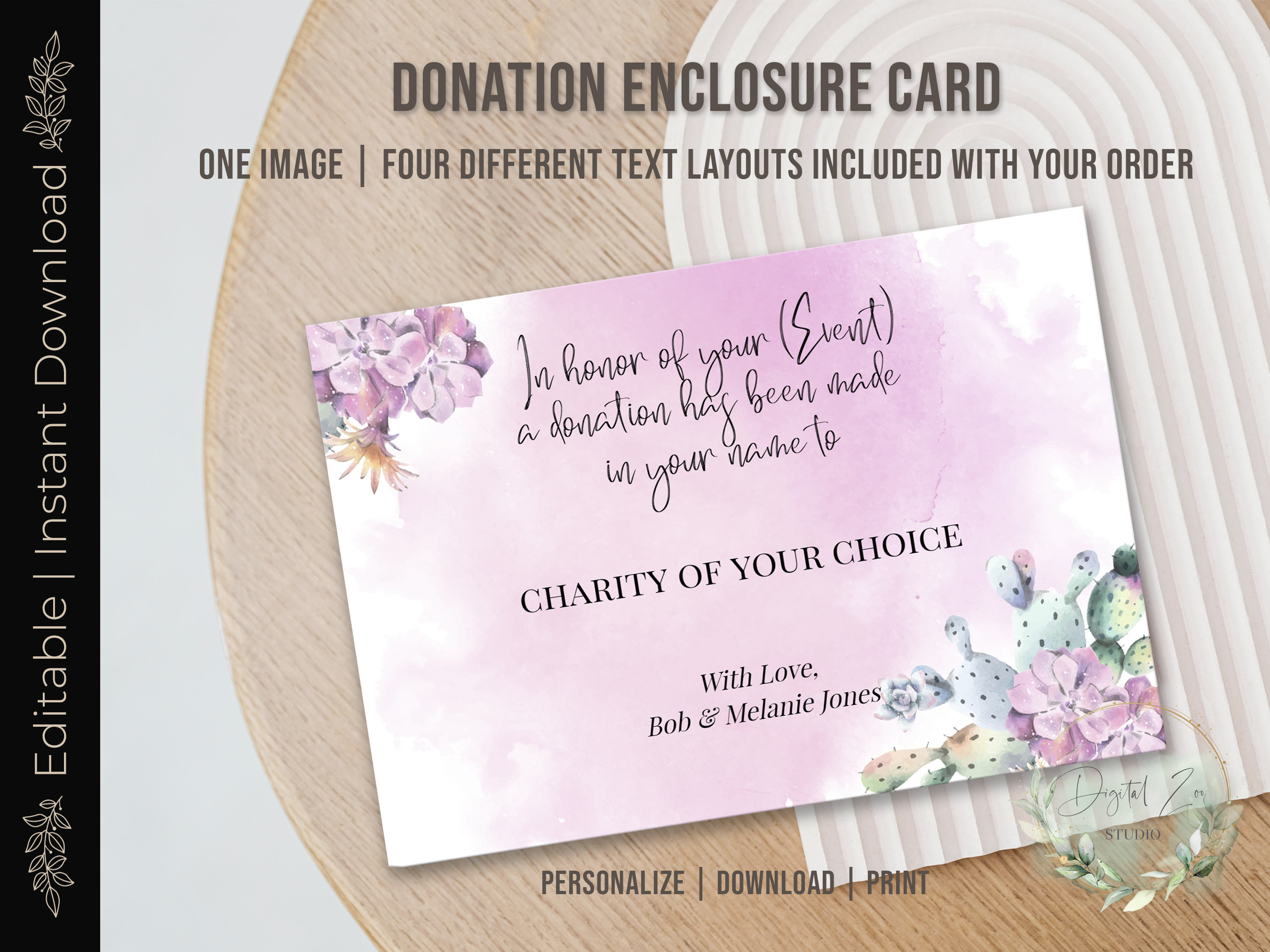 Printable DONATION ENCLOSURE CARD, Editable Donation Card, Donation in ...