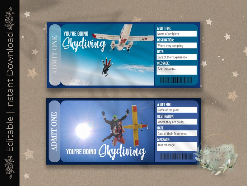 Printable SKYDIVING Surprise Reveal Ticket, Gift Voucher, Editable ...