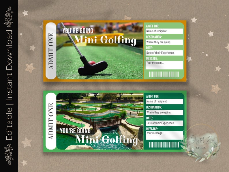 Printable MINI GOLF Surprise Reveal Ticket, Gift Voucher, Editable ...