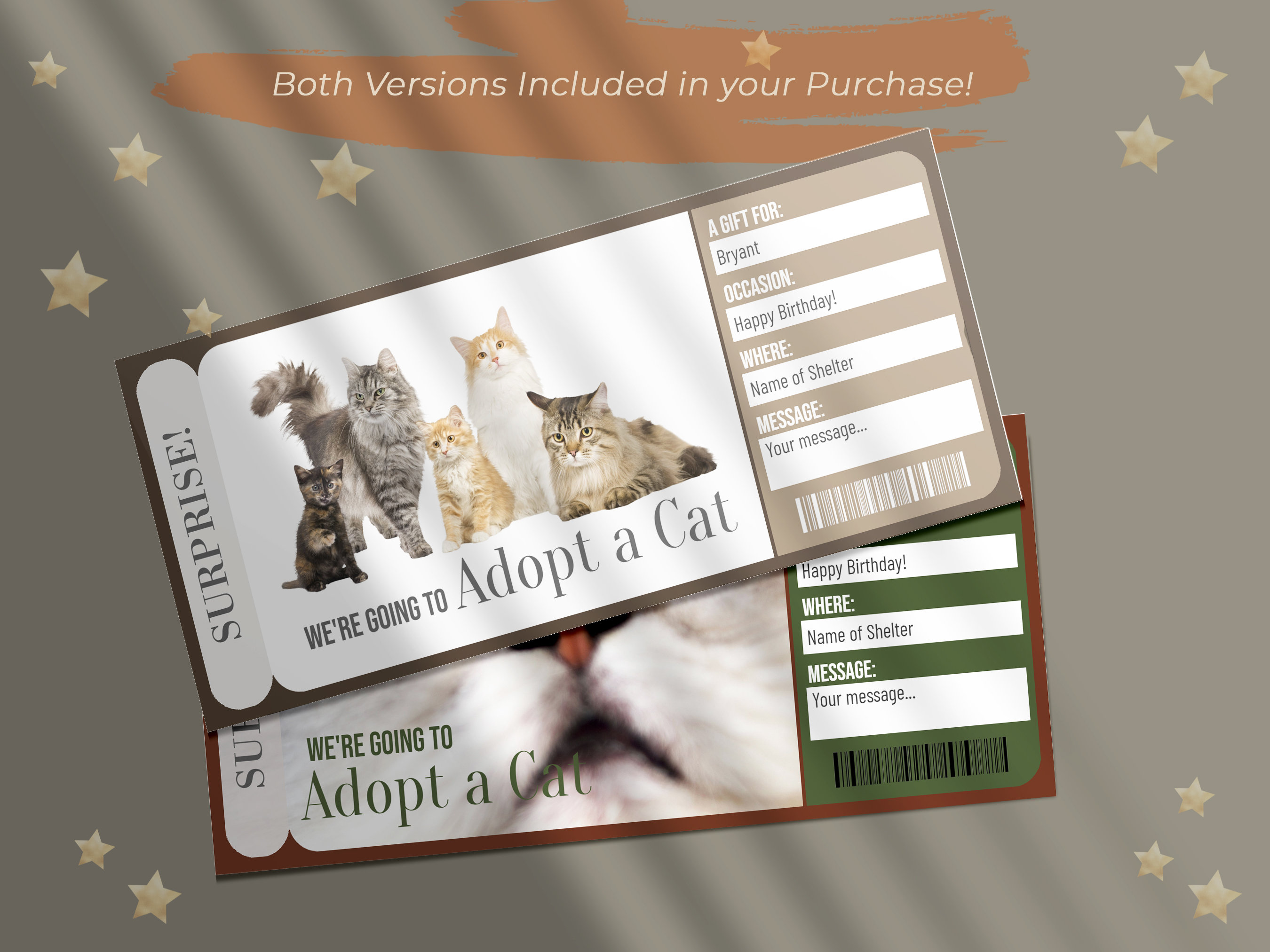 Printable CAT ADOPTION Surprise Reveal Ticket, Adopt a KITTEN Gift ...