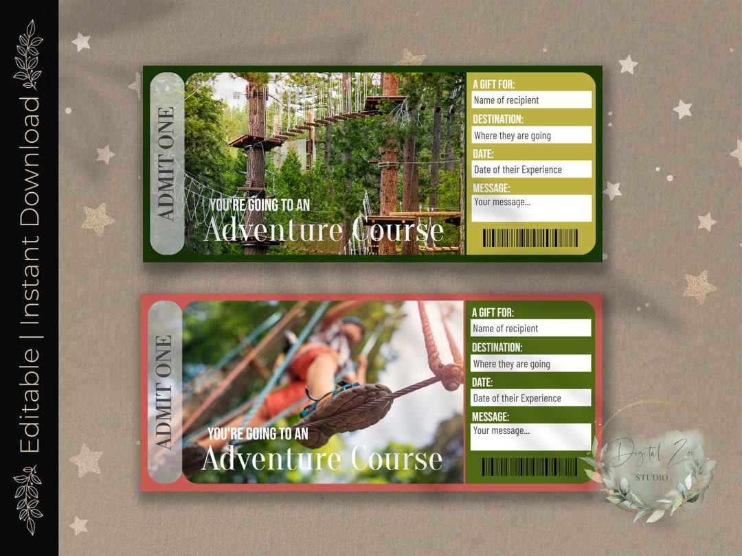 Printable ADVENTURE COURSE Surprise Reveal Ticket, Gift Voucher ...
