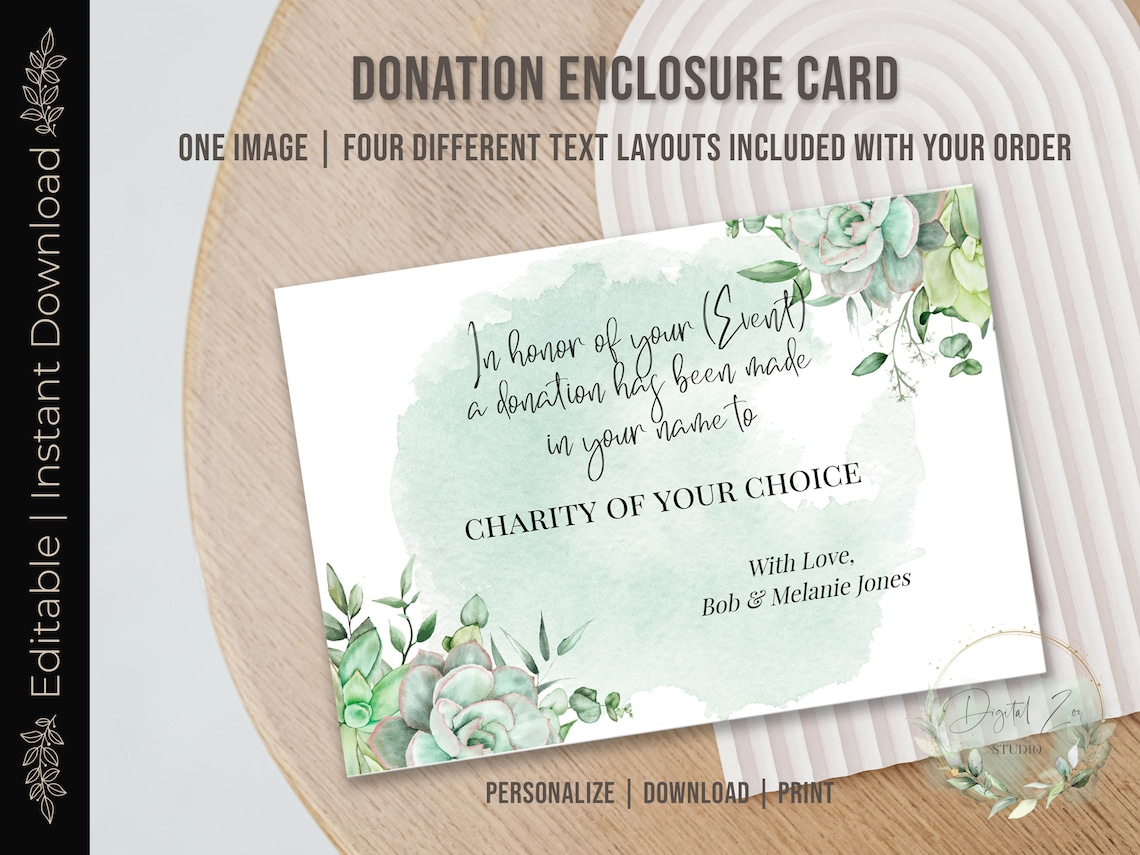 Printable DONATION ENCLOSURE CARD, Editable Donation in Your Name ...
