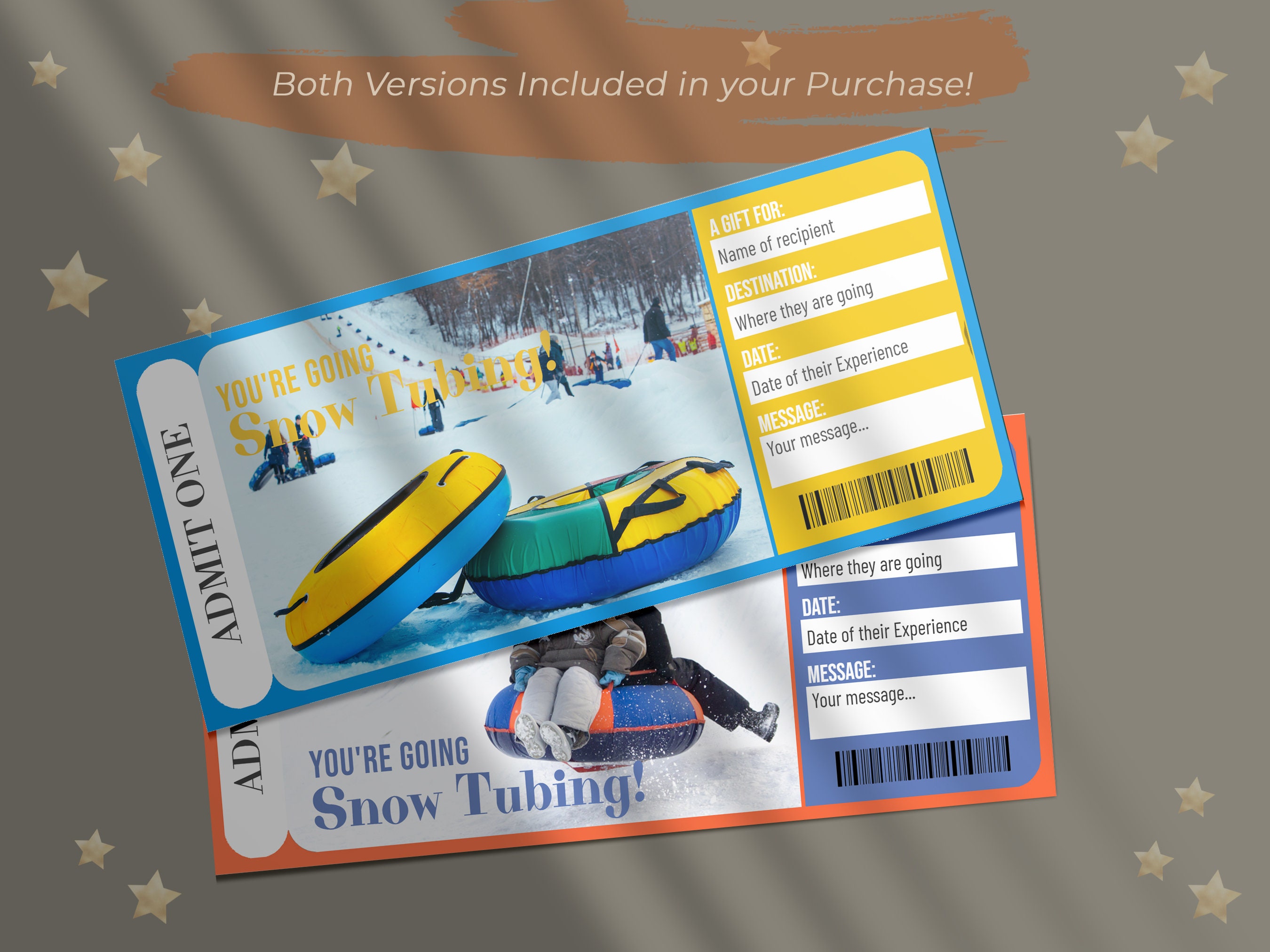 Printable SNOW TUBING Surprise Reveal Ticket, Gift Voucher, Editable ...