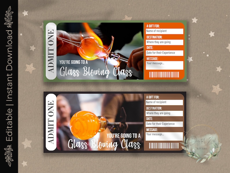 Printable GLASS BLOWING CLASS Surprise Experience Gift Reveal Ticket ...