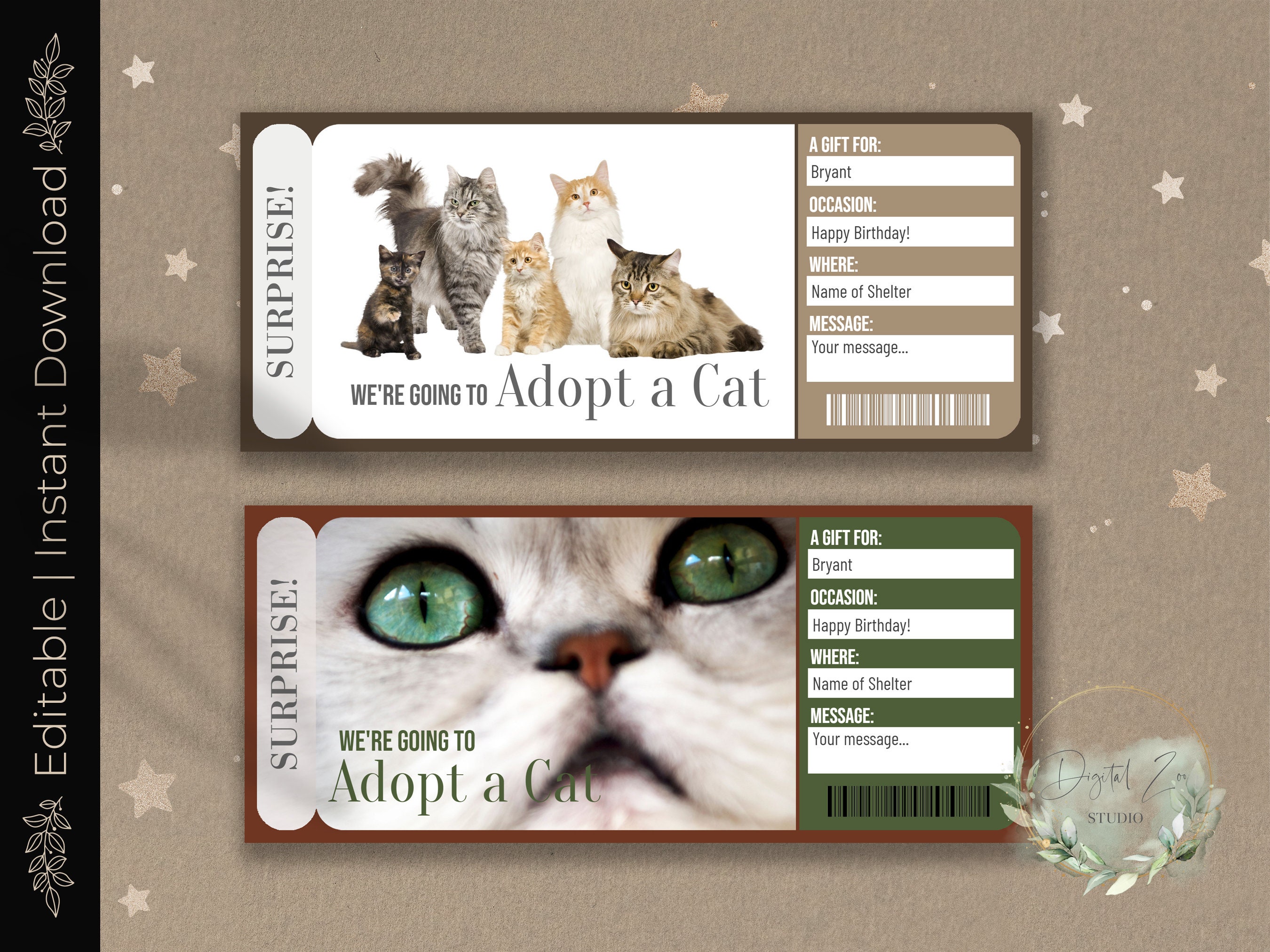 Printable CAT ADOPTION Surprise Reveal Ticket, Adopt a KITTEN Gift ...