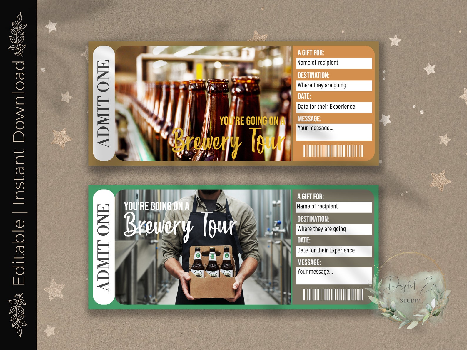 Printable BREWERY TOUR Surprise Reveal Ticket, Gift Voucher, Editable ...