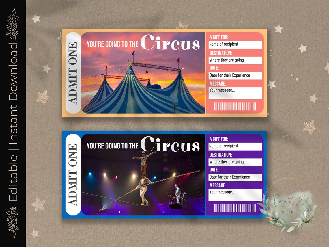Printable CIRCUS Surprise Reveal Ticket, Gift Voucher, Editable Event ...