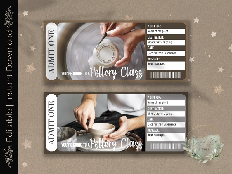 Printable POTTERY CLASS Surprise Reveal Ticket, Gift Voucher, Editable ...