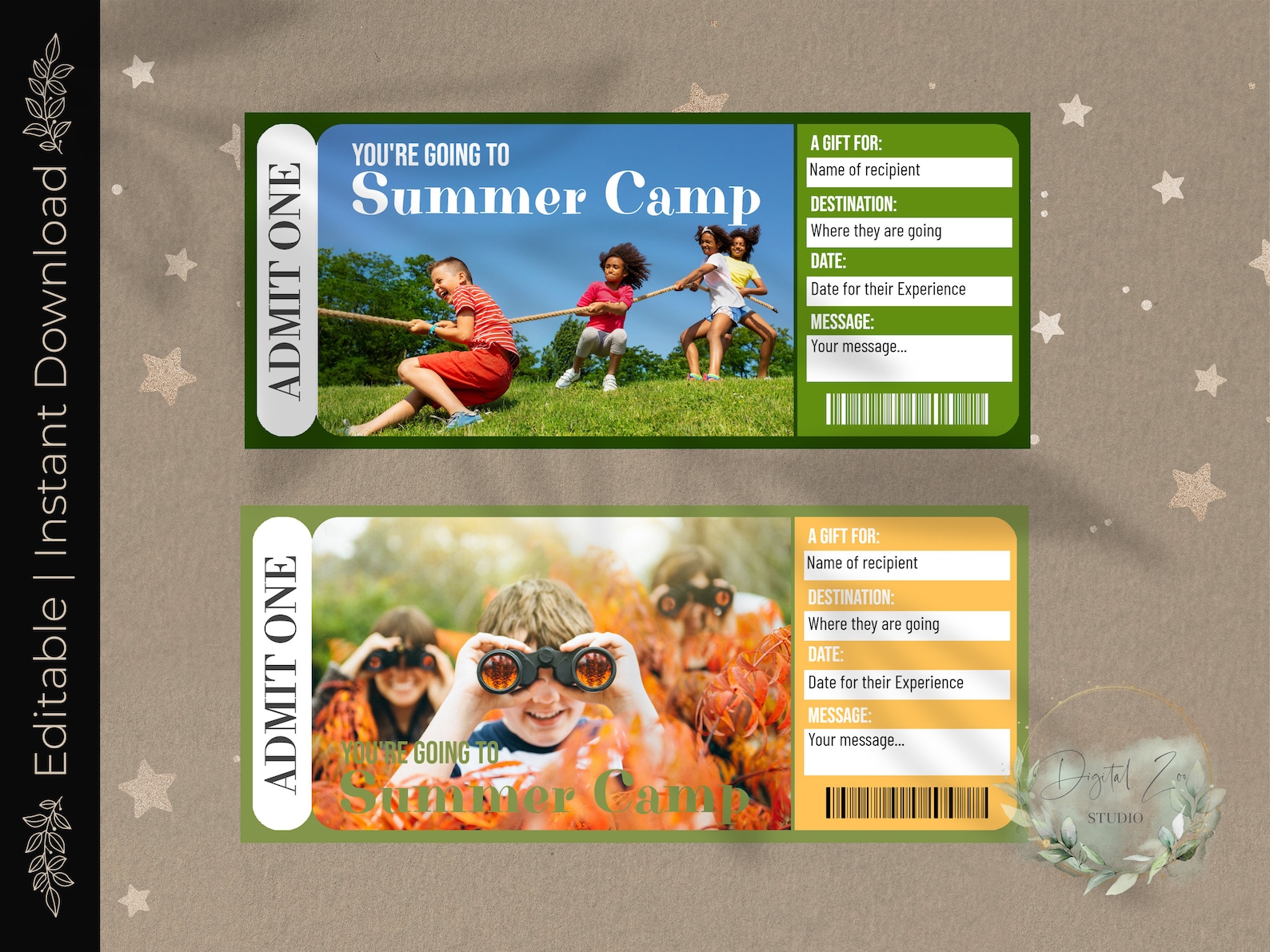 Printable SUMMER CAMP Surprise Reveal Ticket, Gift Voucher, Editable ...