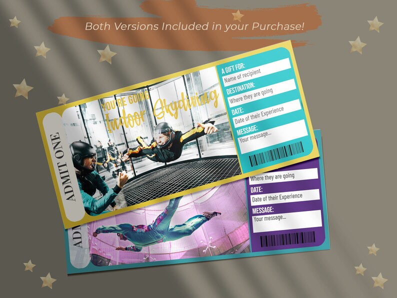 Printable INDOOR SKYDIVING Surprise Reveal Ticket, Gift Voucher ...