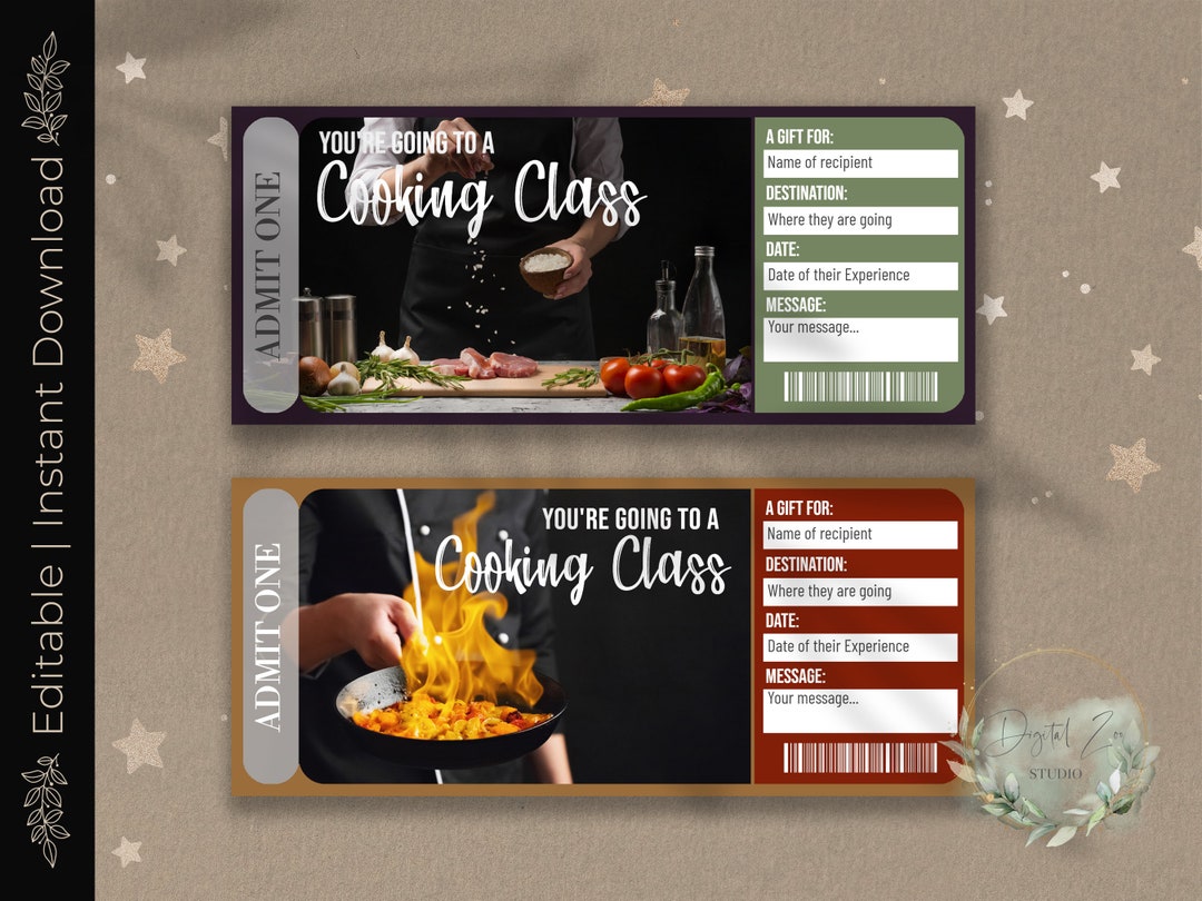 Printable COOKING CLASS Surprise Reveal Ticket, Gift Voucher, Editable ...