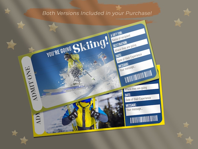 Printable SKIING Surprise Reveal Ticket, Gift Voucher, Editable Event ...