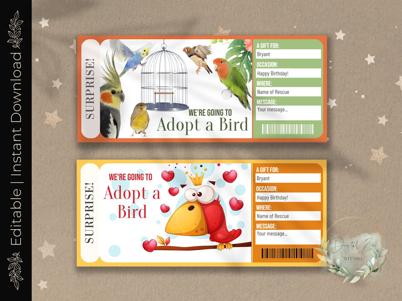 Printable BIRD GIFT Surprise Reveal Ticket, ADOPT a Bird Gift Voucher ...