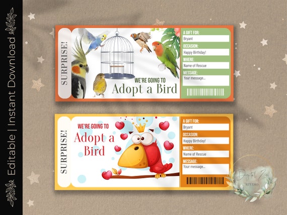 Printable BIRD GIFT Surprise Reveal Ticket ADOPT a Bird Gift - Etsy