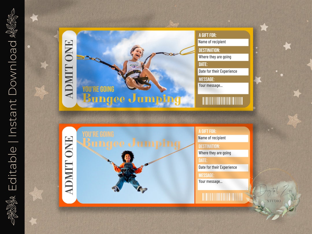 Printable KIDS BUNGEE JUMPING Surprise Reveal Ticket, Gift Voucher ...