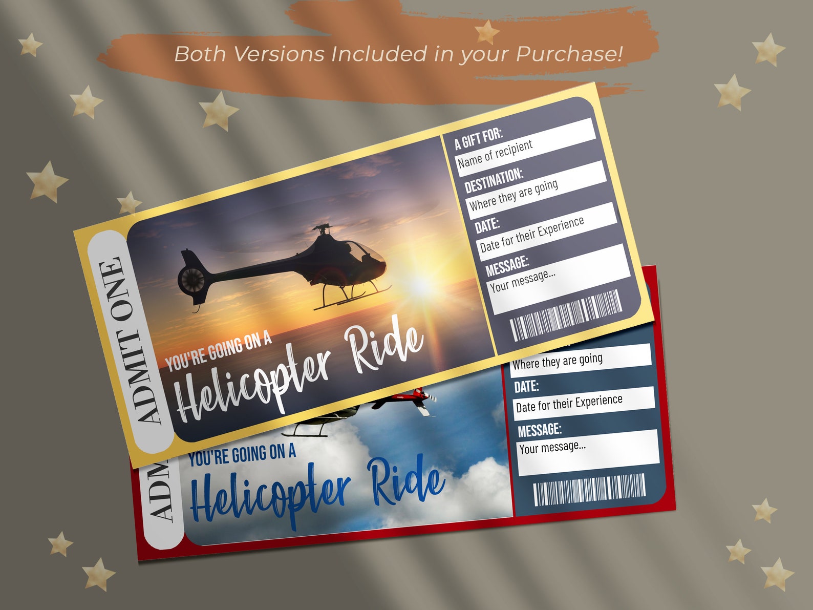 Printable HELICOPTER RIDE Surprise Reveal Ticket, Gift Voucher ...