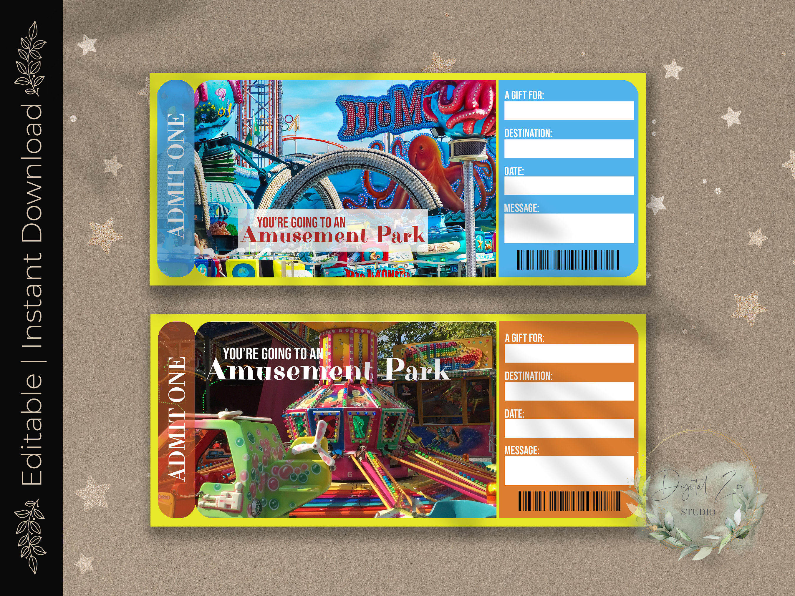 Printable KIDS AMUSEMENT PARK Surprise Reveal Ticket, Gift Voucher ...