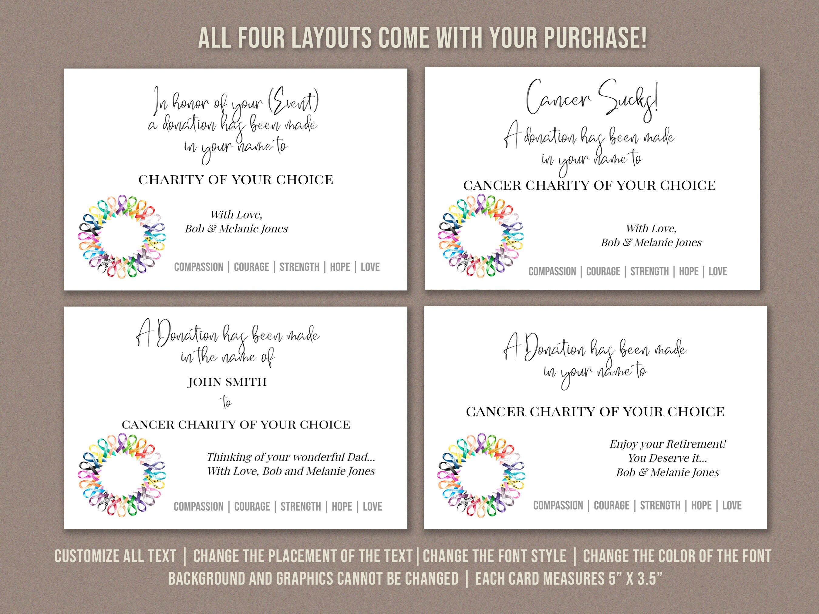 Printable Cancer DONATION ENCLOSURE CARD, Editable Donation Card ...