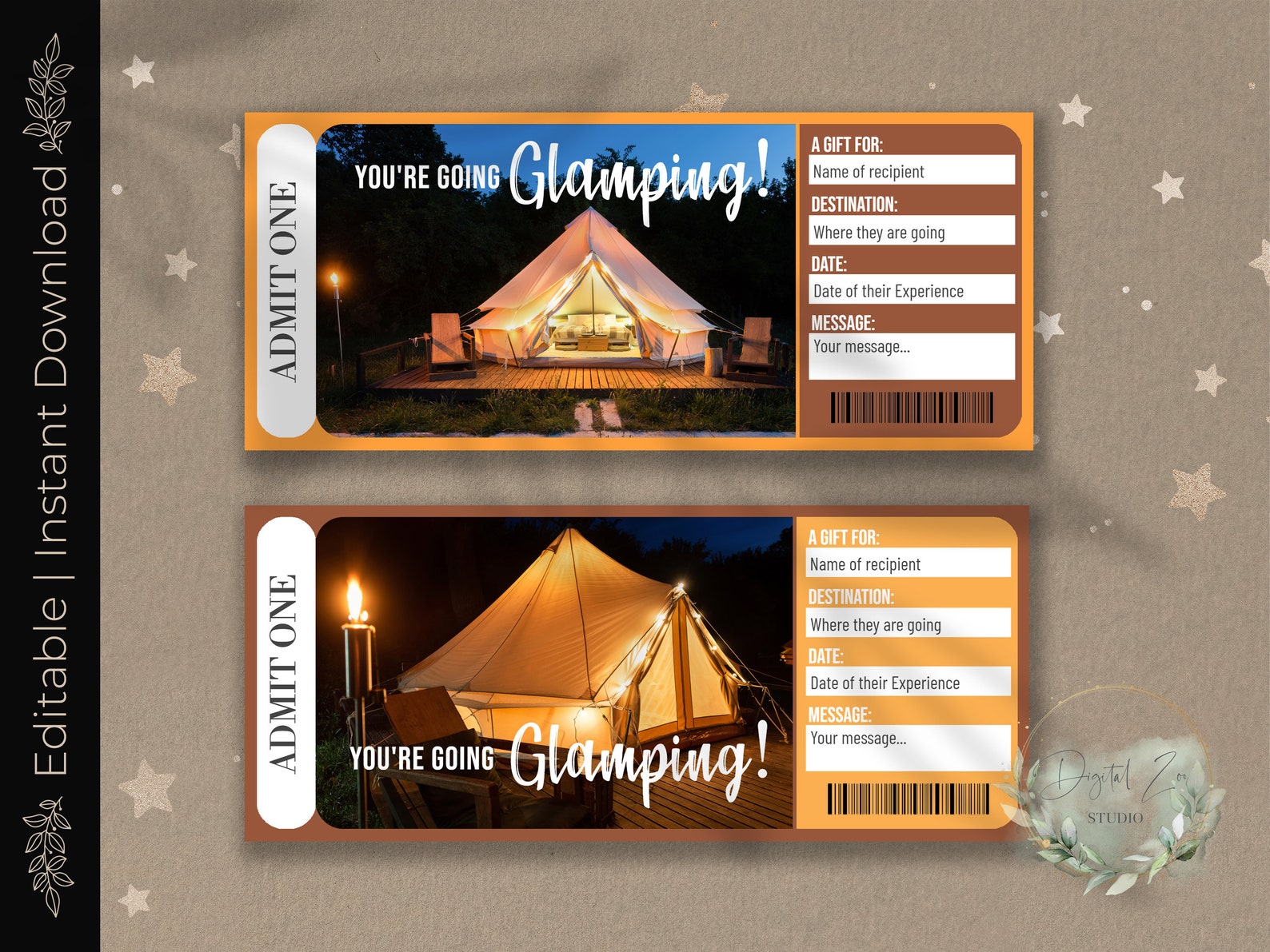 Printable GLAMPING Surprise Reveal Ticket, Gift Voucher, Editable Event Ticket Template ...