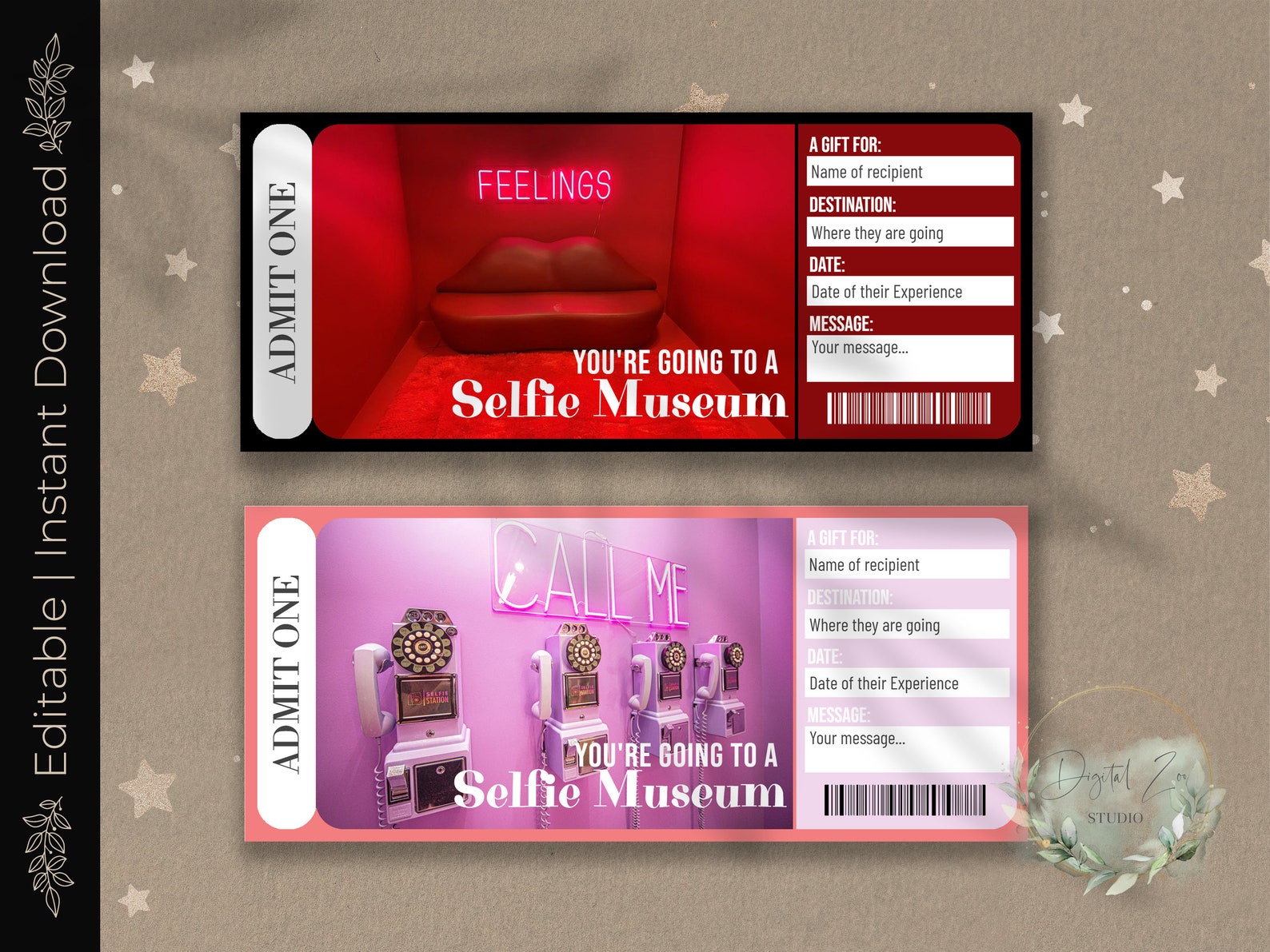 Printable SELFIE MUSEUM Surprise Reveal Ticket, Gift Voucher, Editable ...
