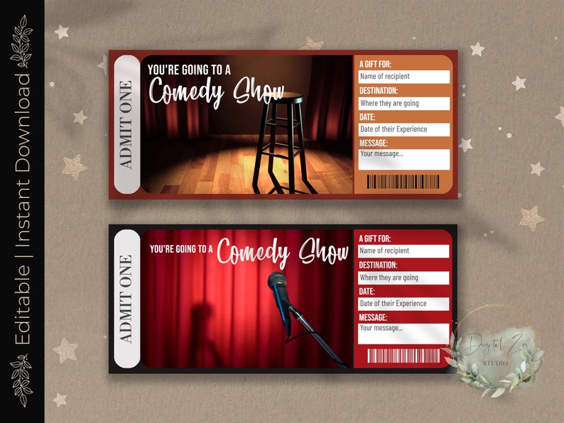Printable COMEDY SHOW Surprise Reveal Ticket, Stand-up Comedian Gift ...