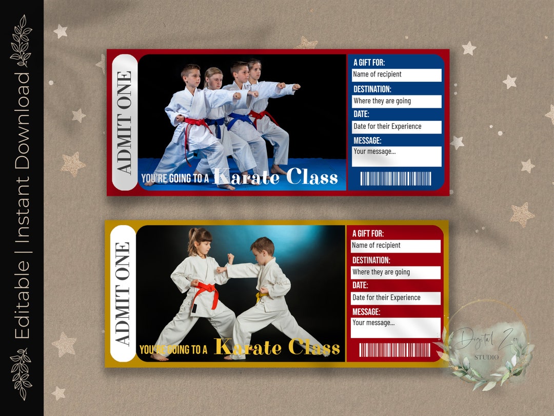Printable KARATE CLASS Surprise Reveal Ticket, Minimalist Gift, Martial ...