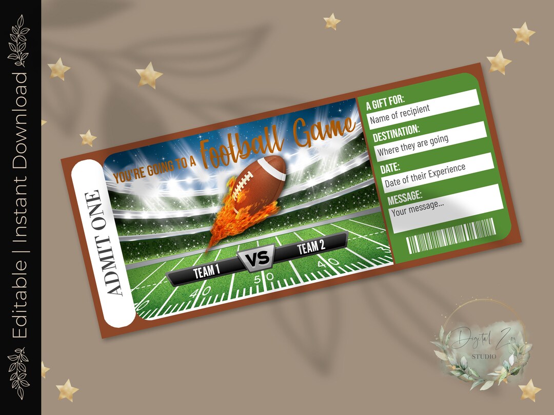 Printable FOOTBALL GAME Surprise Reveal Ticket, Gift Voucher, Editable ...