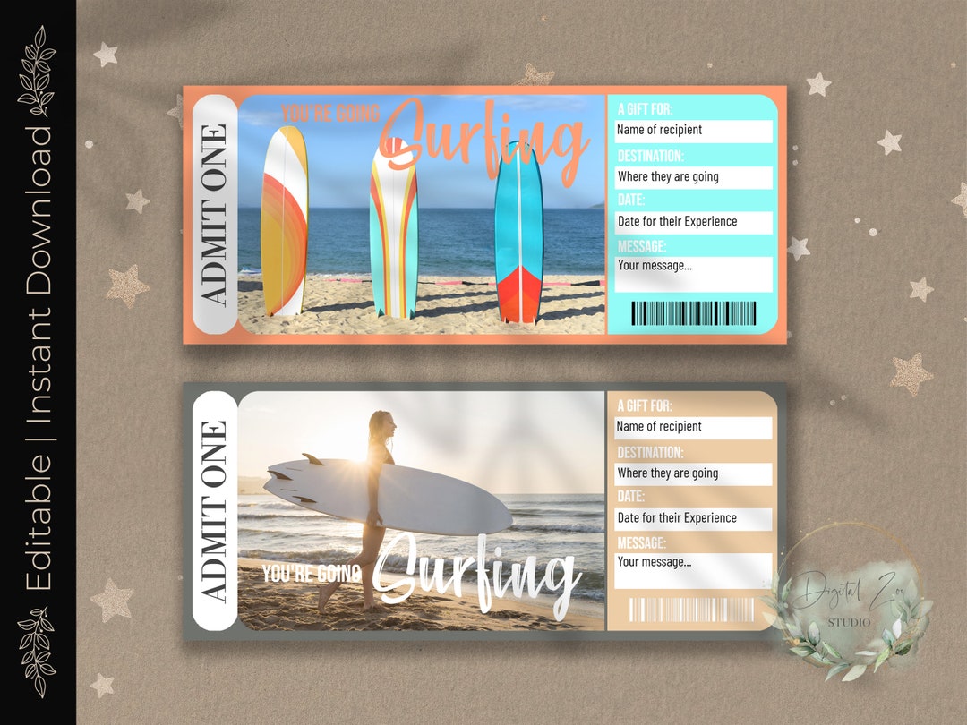 Printable SURFING Gift Reveal Ticket, Customizable (digital Download ...