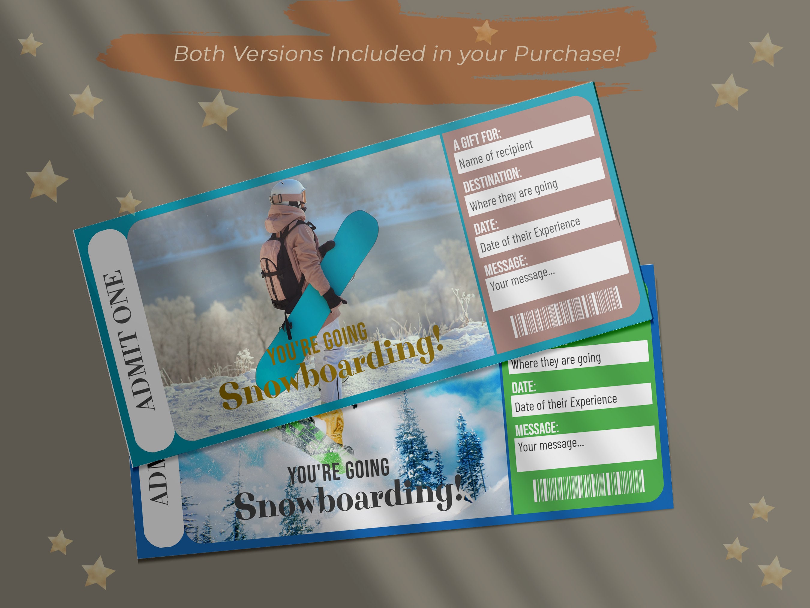 Printable SNOWBOARDING Surprise Reveal Ticket, Gift Voucher, Editable ...