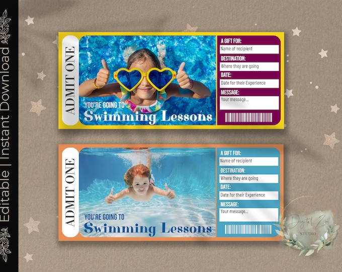 Printable SWIMMING LESSONS Surprise Reveal Ticket, Gift Voucher ...
