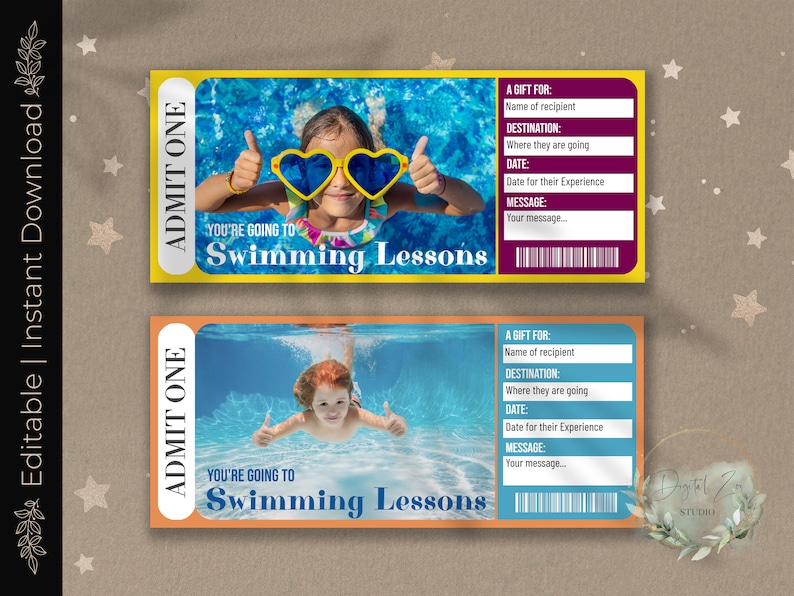 Printable SWIMMING LESSONS Surprise Reveal Ticket, Gift Voucher ...