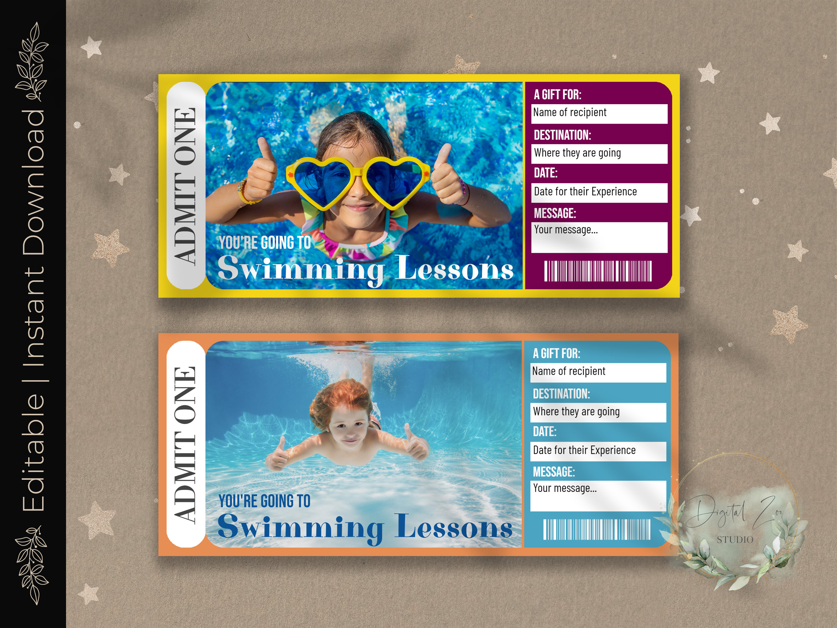 Printable SWIMMING LESSONS Surprise Reveal Ticket, Gift Voucher ...