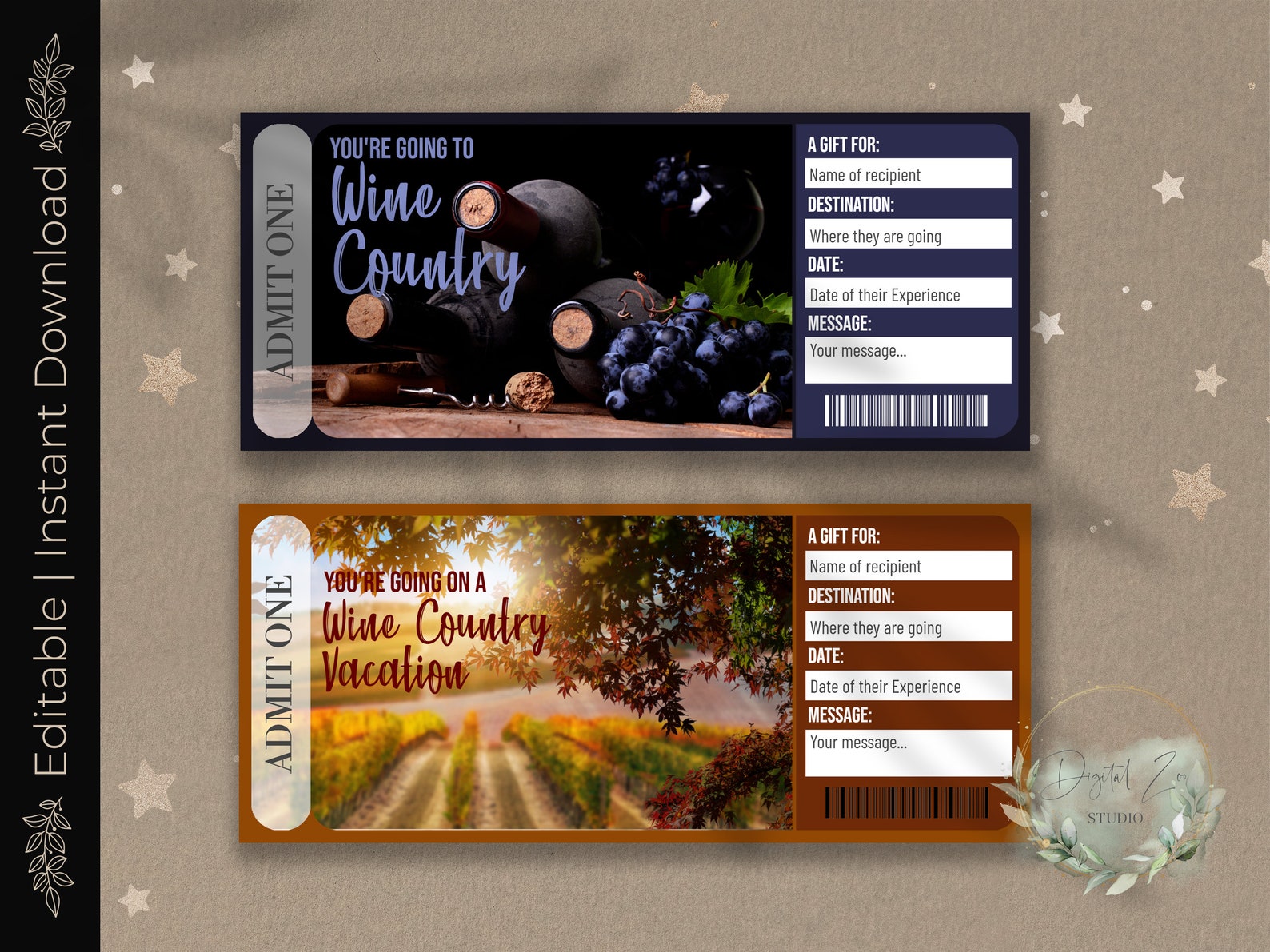 Printable WINE COUNTRY TRIP Surprise Reveal Ticket, Gift Voucher ...
