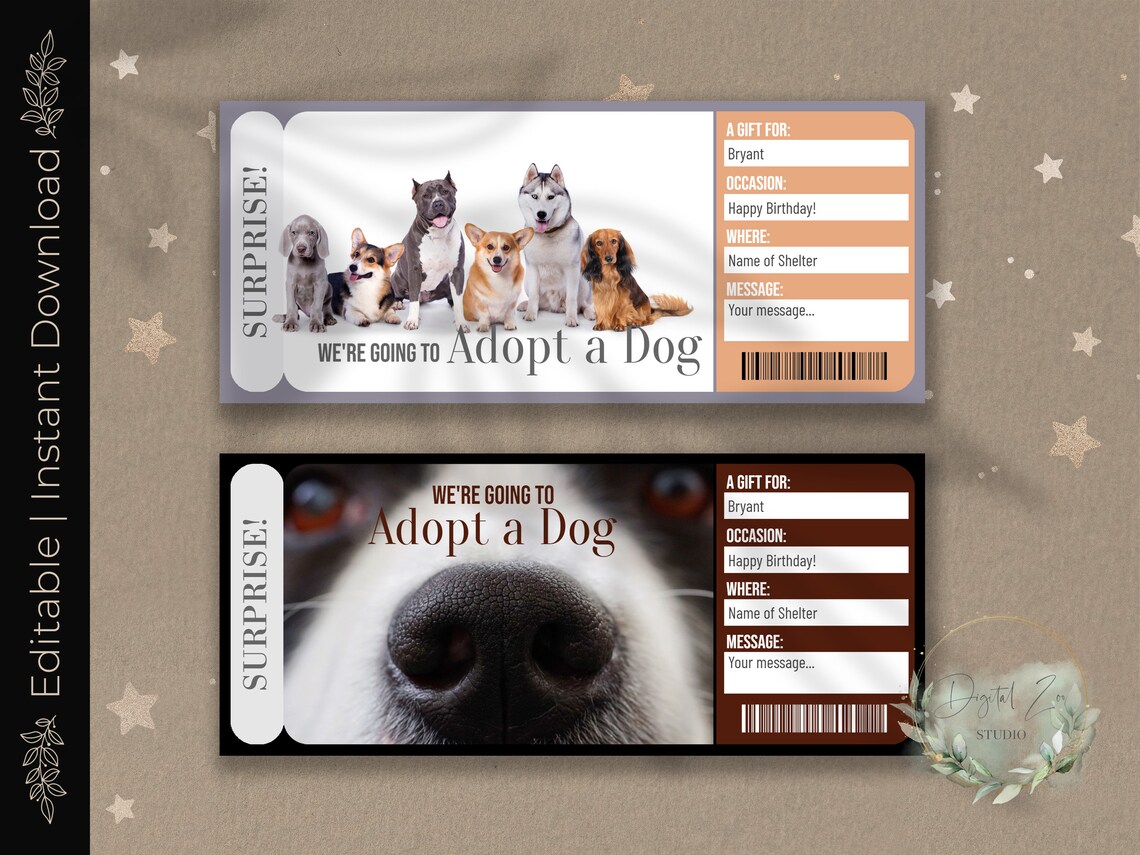 Printable DOG ADOPTION Surprise Reveal Ticket, Adopt a PUPPY Gift ...