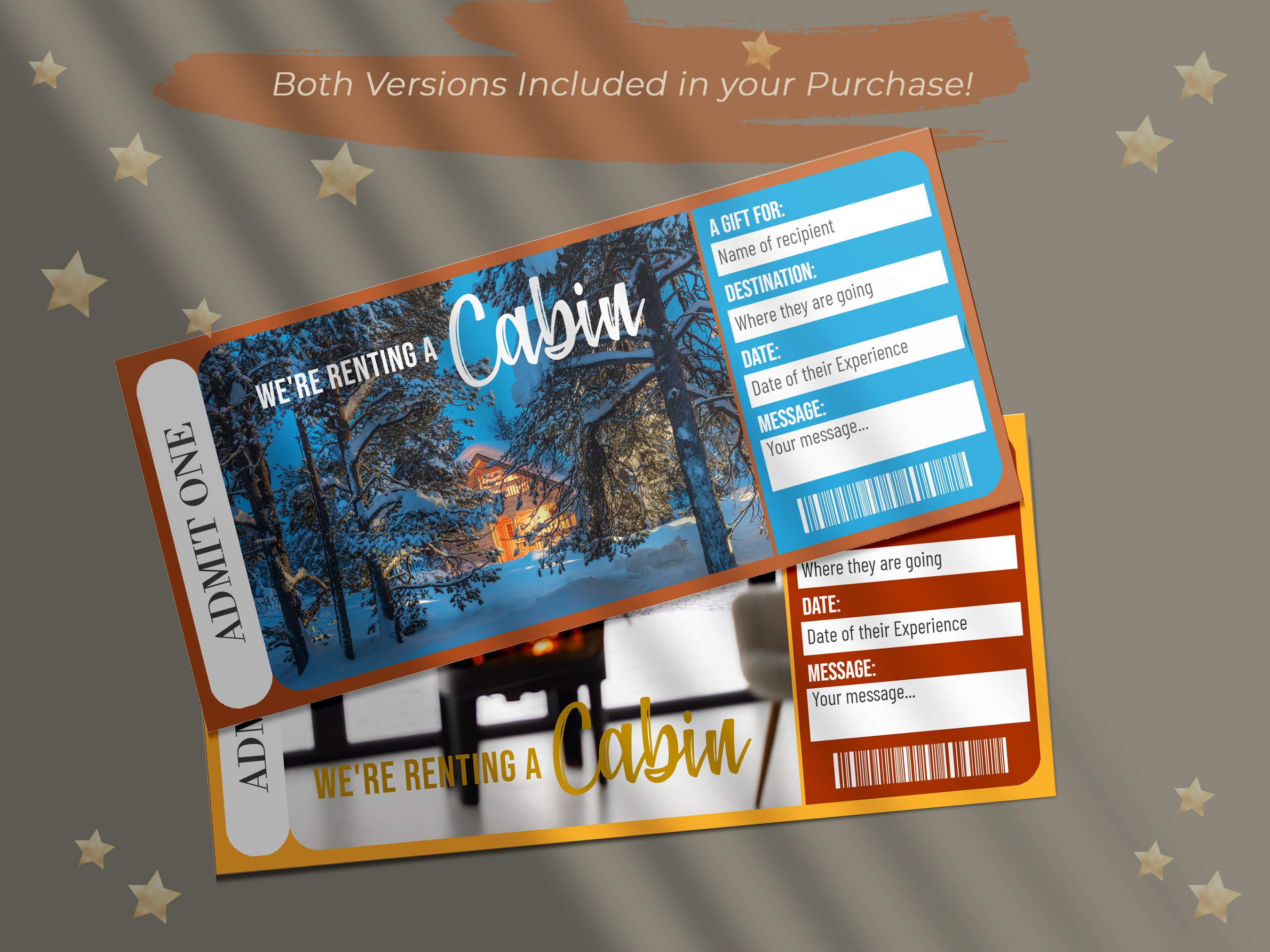 Printable CABIN RENTAL VACATION Surprise Reveal Ticket, Gift Voucher ...