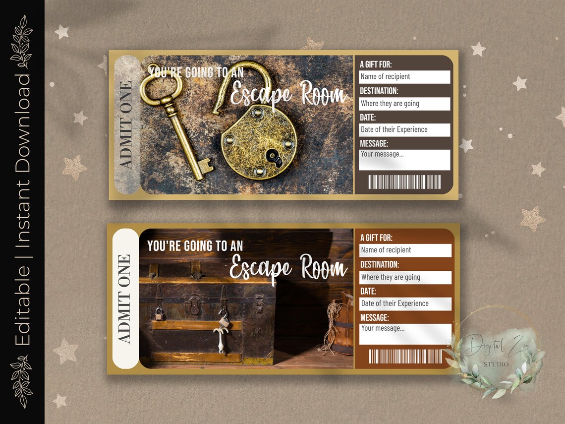 Printable ESCAPE ROOM Surprise Reveal Ticket, Gift Voucher, Editable ...