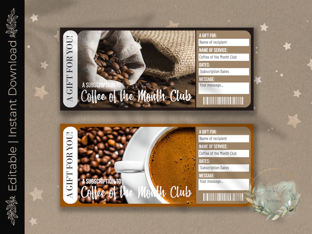 Printable COFFEE of the MONTH CLUB Surprise Reveal Ticket, Gift Voucher ...