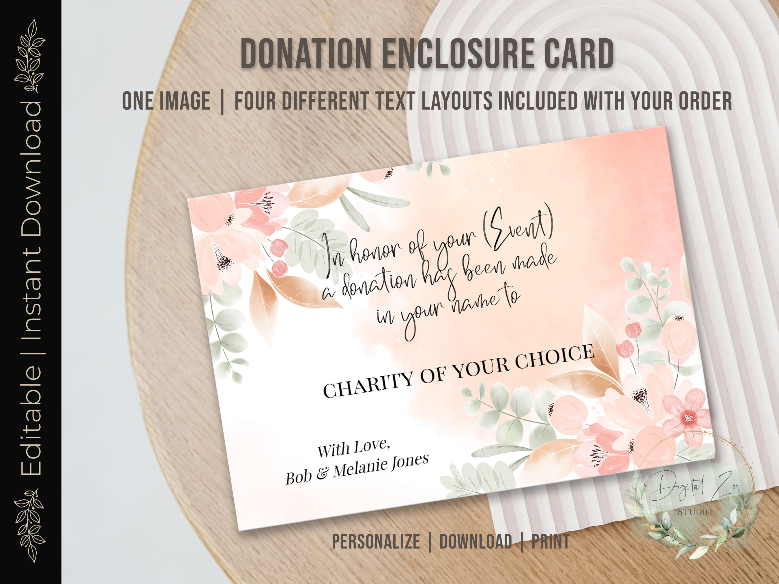 Printable DONATION ENCLOSURE CARD, Editable Donation Card, Donation in ...