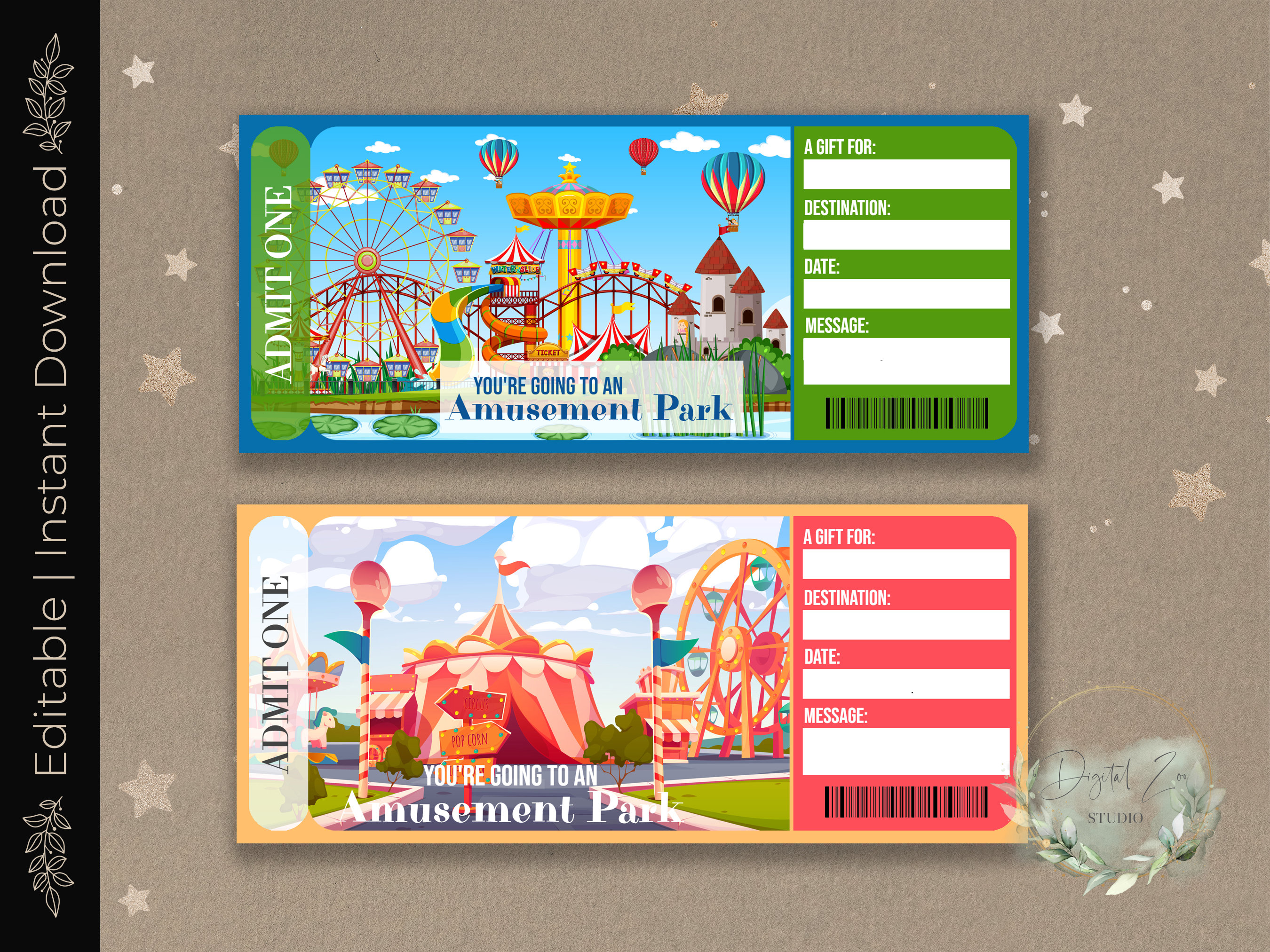 Printable KIDS AMUSEMENT PARK Surprise Reveal Ticket, Gift Voucher ...
