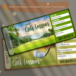 Printable GOLF LESSONS Surprise Reveal Ticket, Gift Voucher, Editable ...