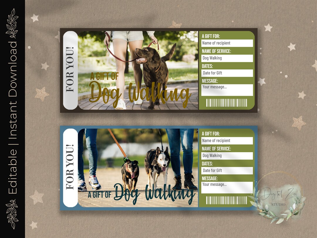 Printable DOG WALKING Surprise Reveal Ticket, Gift Voucher, Editable ...