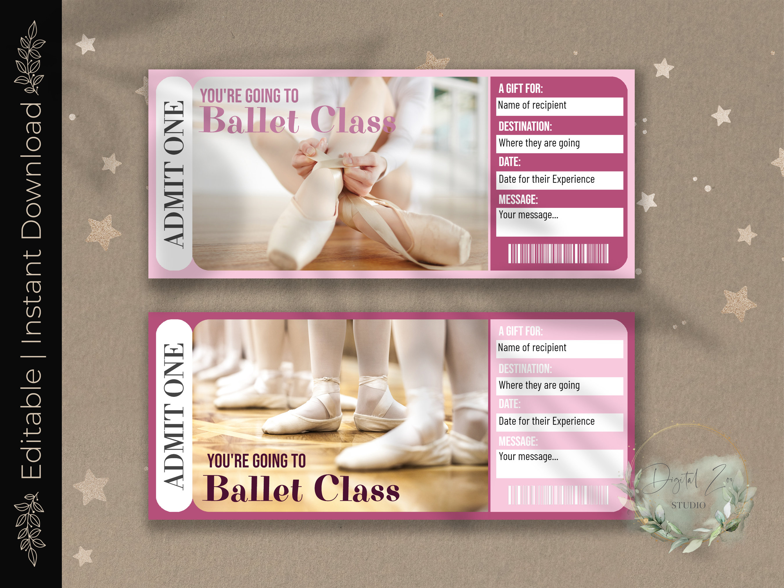Printable BALLET CLASS Surprise Reveal Ticket, Gift Voucher, Editable ...