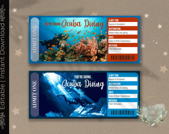 Printable SCUBA DIVING Surprise Reveal Ticket Gift Voucher - Etsy