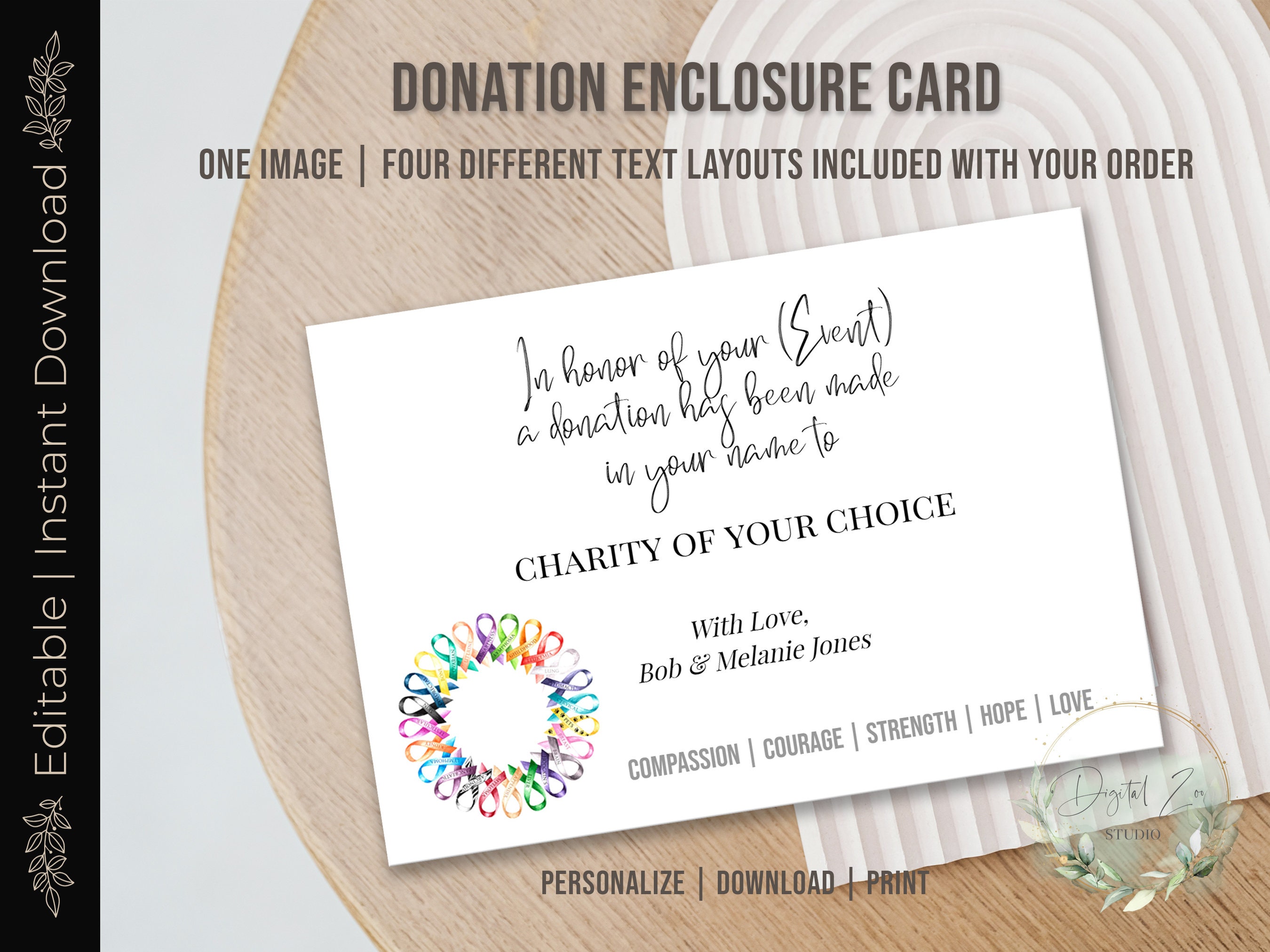 Printable Cancer DONATION ENCLOSURE CARD, Editable Donation Card ...