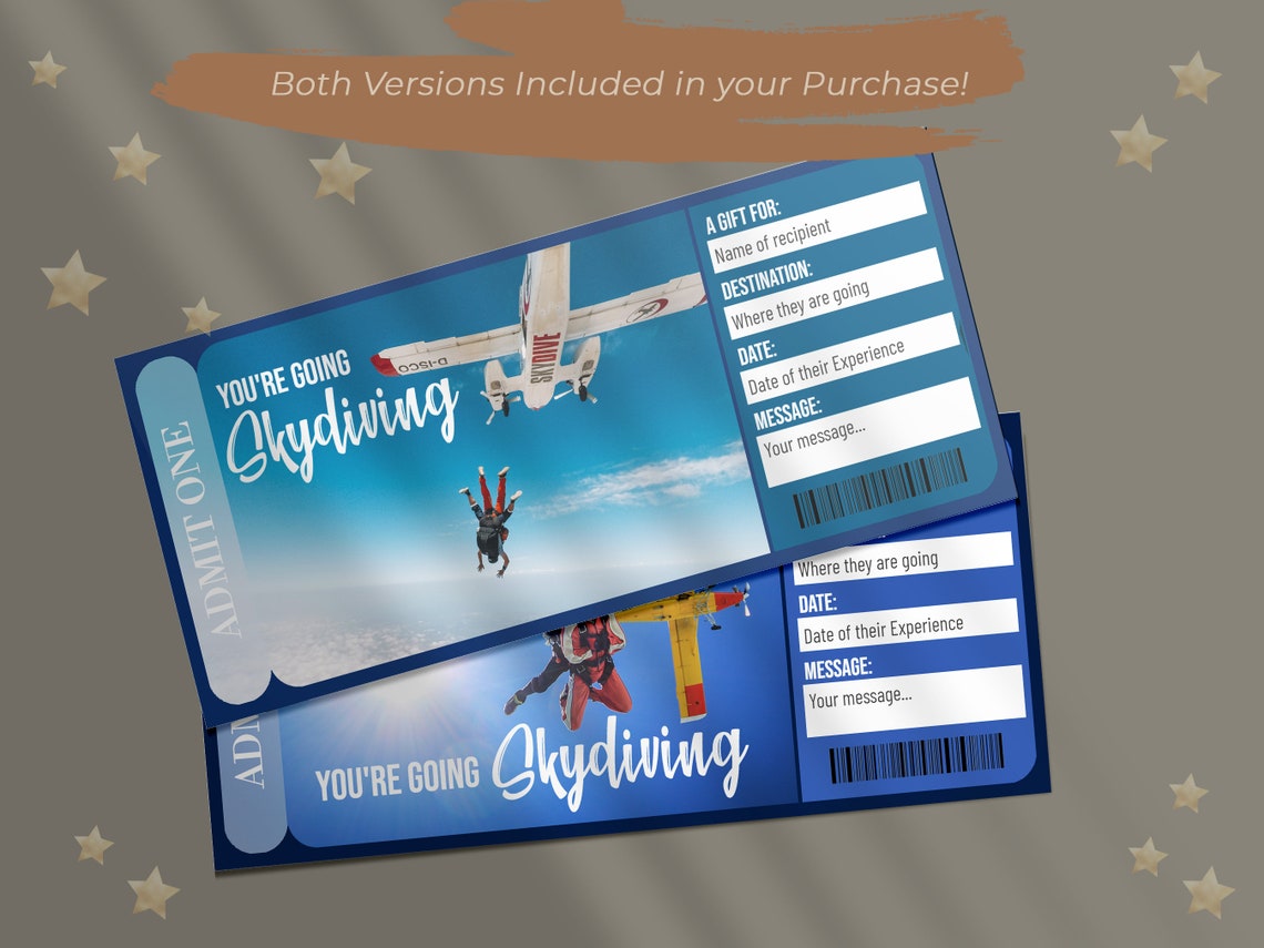 Printable SKYDIVING Surprise Reveal Ticket, Gift Voucher, Editable ...