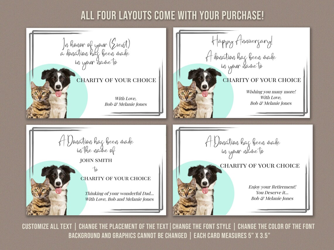 Printable PET DONATION ENCLOSURE Card, Editable Donation in Your Name ...