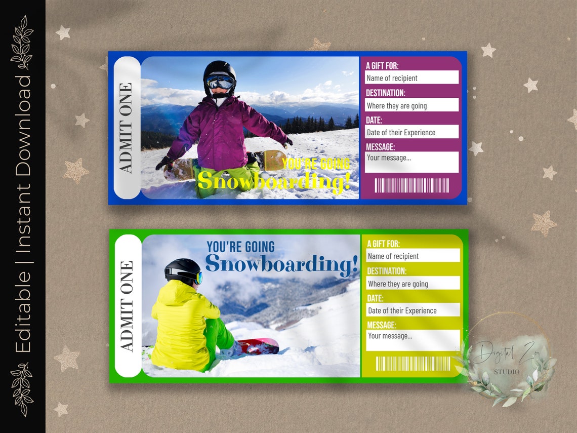 Printable KIDS SNOWBOARDING Surprise Reveal Ticket, Gift Voucher ...